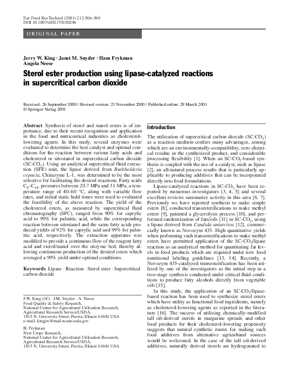 (PDF) Sterol ester production using lipase-catalyzed reactions in ...