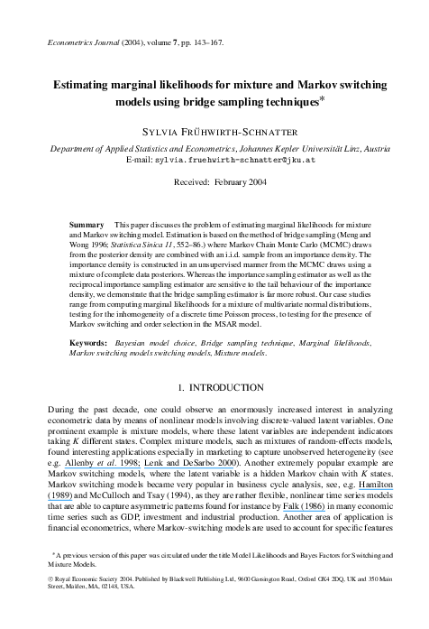 (PDF) Estimating marginal likelihoods for mixture and Markov switching models using bridge ...