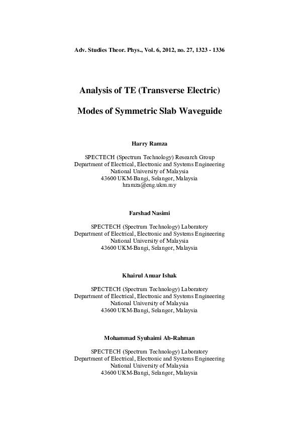 (PDF) Analysis of TE (Transverse Electric) modes of symmetric slab waveguide