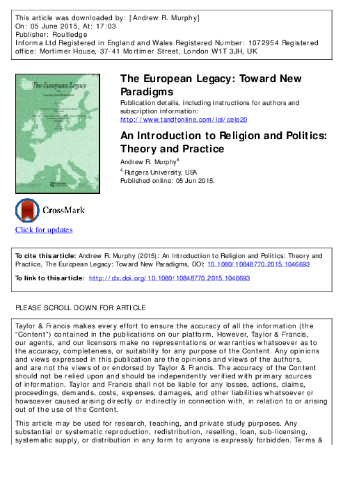 (PDF) An Introduction to Religion and Politics: Theory and Practice. By ...