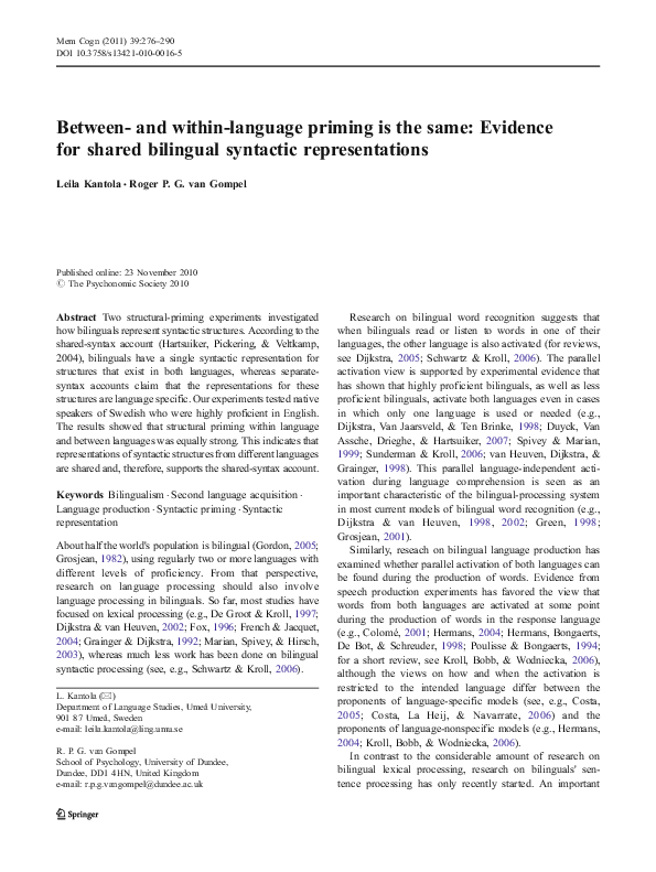 (PDF) Between and within-language priming is the same: Evidence for shared bilingual syntactic ...