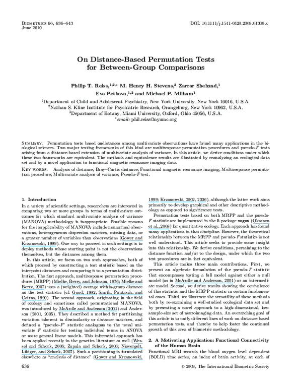 Pdf On Distance Based Permutation Tests For Between Group Comparisons