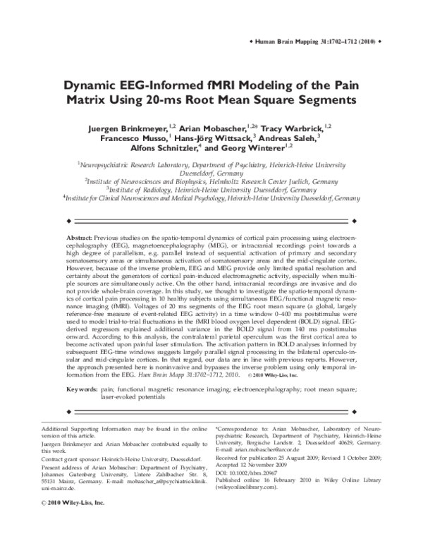 (PDF) Dynamic EEG-informed fMRI modeling of the pain matrix using 20-ms ...