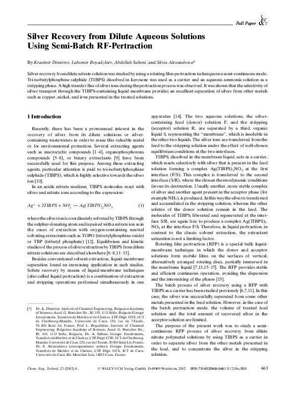 (PDF) Silver Recovery from Dilute Aqueous Solutions Using Semi-Batch RF ...