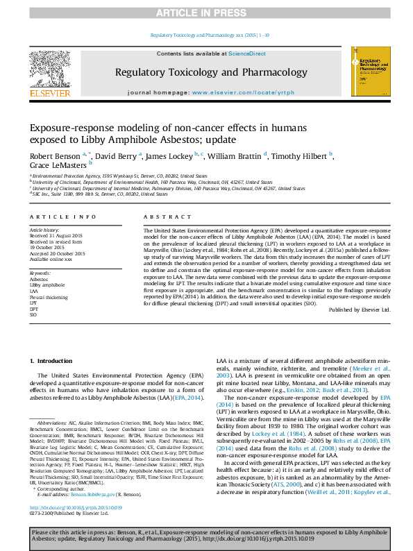 (PDF) Exposure-response modeling of non-cancer effects in humans exposed to Libby Amphibole ...