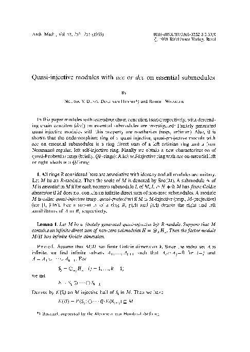 (PDF) Quasi-injective modules with acc or dec on essential submodules