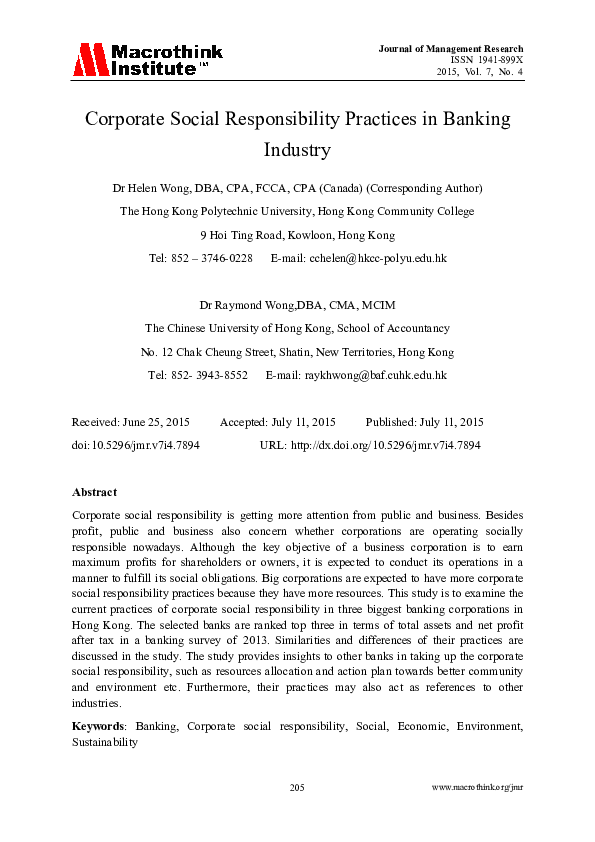 (PDF) Corporate Social Responsibility Practices in Banking Industry