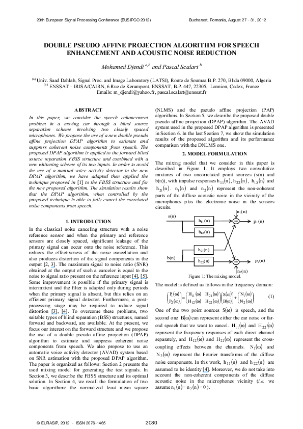 (PDF) Double pseudo affine algorithm for speech enhancement and acoustic echo reduction | Djendi ...