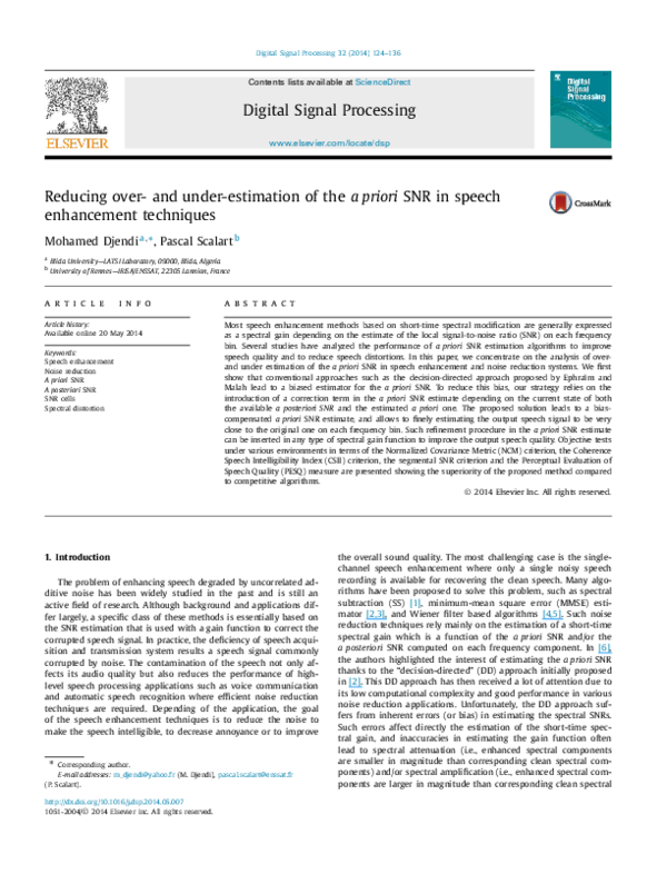 (PDF) Reducing over- and under-estimation of the a priori SNR in speech enhancement techniques