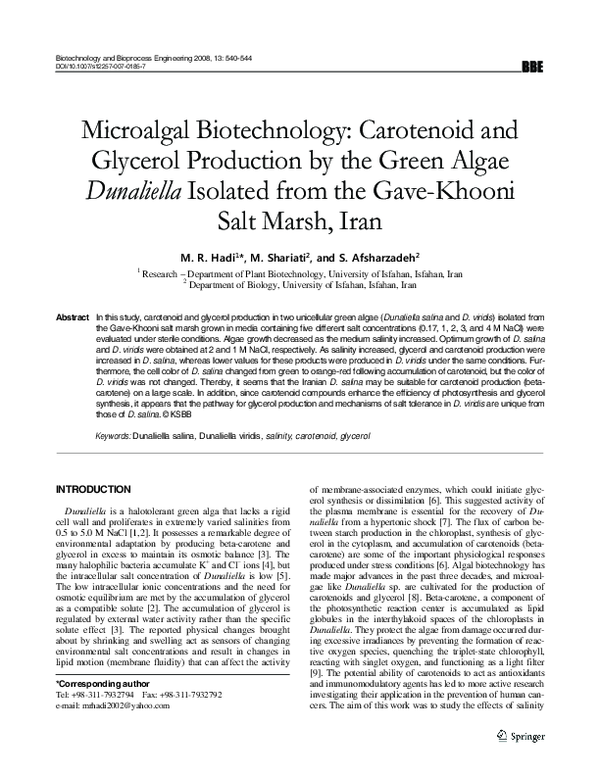 (PDF) Microalgal biotechnology: Carotenoid and glycerol production by the green algae Dunaliella ...