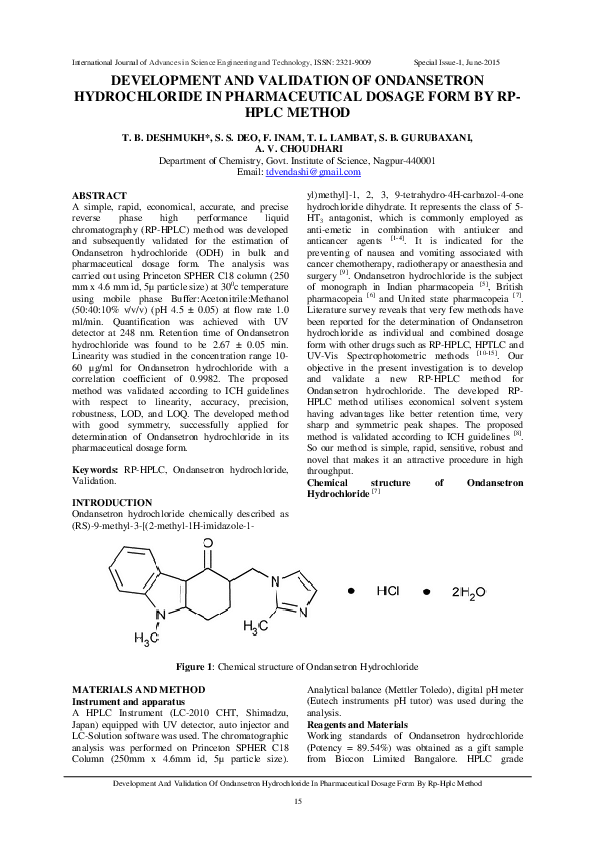 (PDF) DEVELOPMENT AND VALIDATION OF ONDANSETRON HYDROCHLORIDE IN PHARMACEUTICAL DOSAGE FORM BY ...