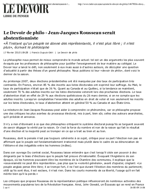 Le Devoir De Philo Jean Jacques Rousseau Serait Abstentionniste
