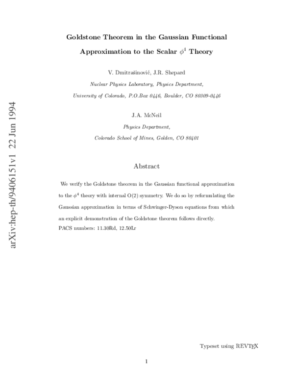 Pdf Goldstone Theorem In The Gaussian Functional Approximation To The