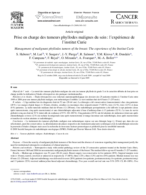 (PDF) Prise en charge des tumeurs phyllodes malignes du sein : l ...