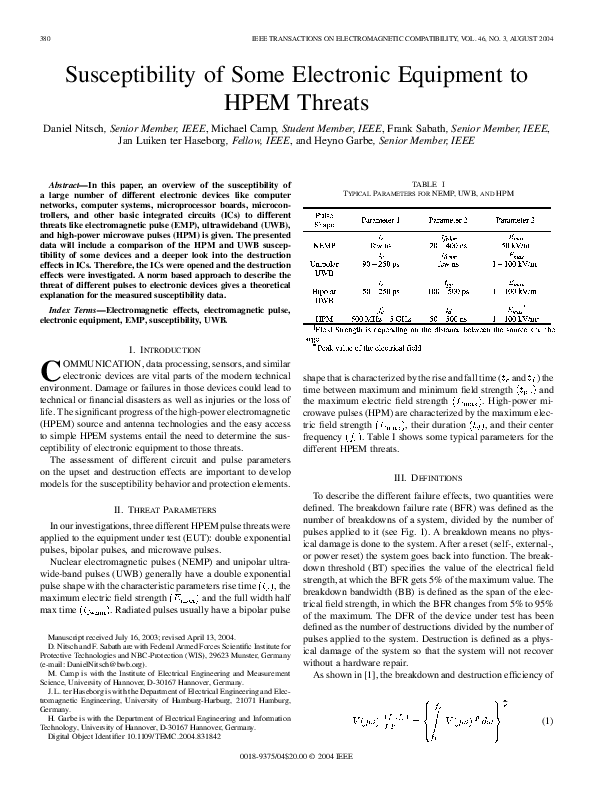(PDF) Susceptibility of Some Electronic Equipment to HPEM Threats