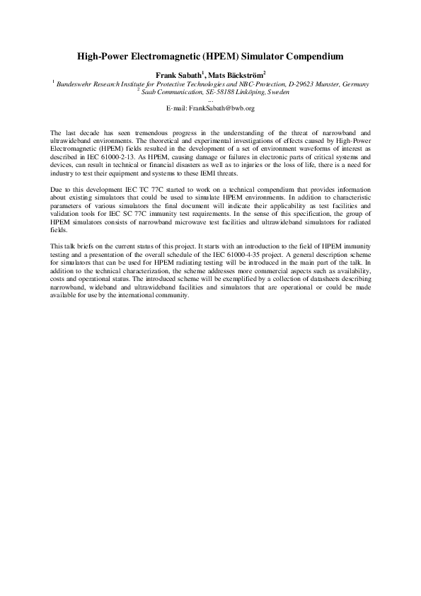 (PDF) High-Power Electromagnetic (HPEM) Simulator Compendium