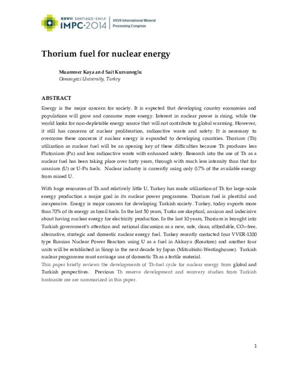 (PDF) Thorium Fuel for Nuclear Energy