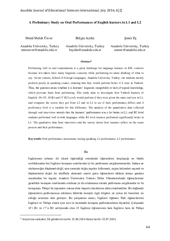 (PDF) A Preliminary Study on Oral Performances of English learners in L1 and L2