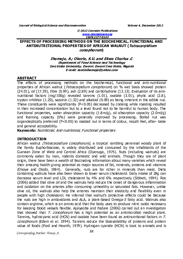 (PDF) EFFECTS OF PROCESSING METHODS ON THE BIOCHEMICAL, FUNCTIONAL AND ANTINUTRITIONAL ...
