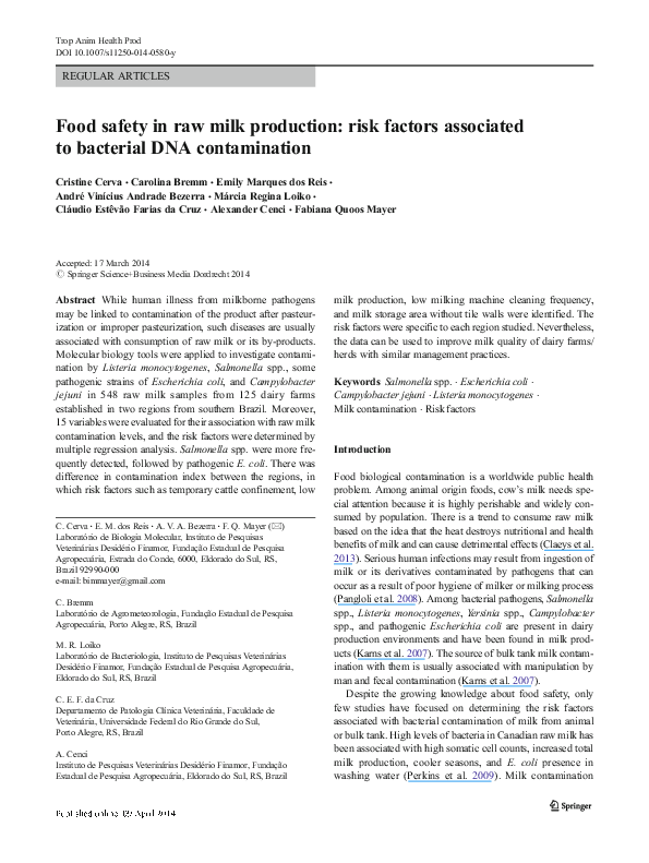 (PDF) Food safety in raw milk production: risk factors associated to ...