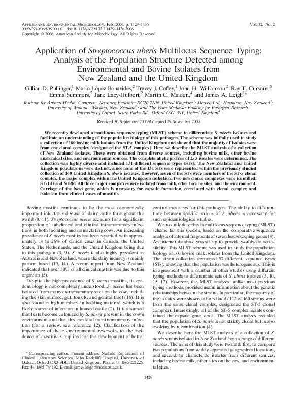 (PDF) Application of Streptococcus uberis Multilocus Sequence Typing: Analysis of the Population ...