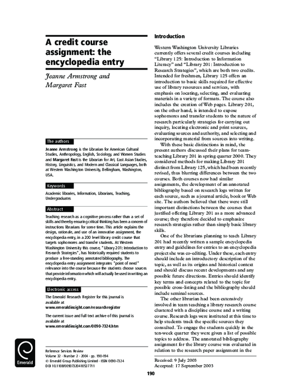 (PDF) A credit course assignment: the encyclopedia entry