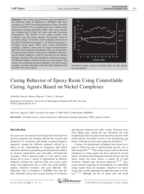 Pdf Curing Behavior Of Epoxy Resin Using Controllable Curing Agents Based On Nickel Complexes