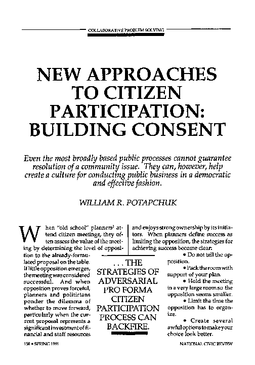 (PDF) New approaches to citizen participation: Building consent