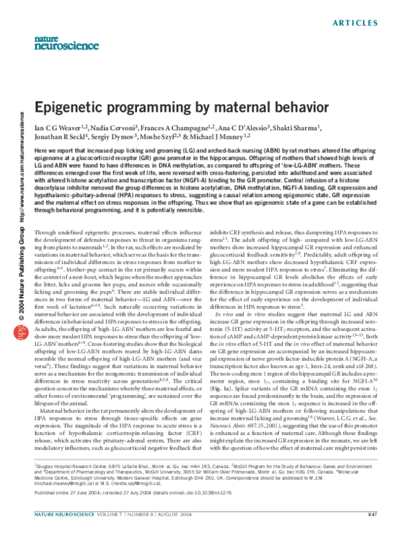 (PDF) Epigenetic programming by maternal behavior