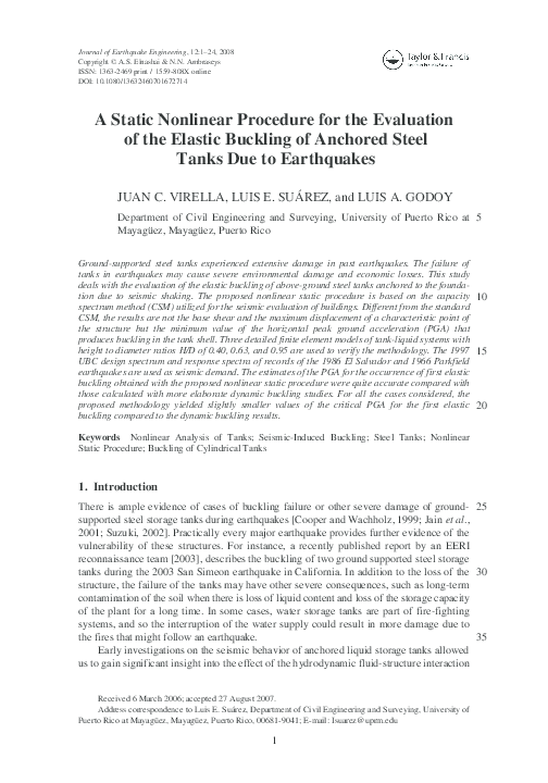 (PDF) A Static Nonlinear Procedure for the Evaluation of the Elastic Buckling of Anchored Steel ...