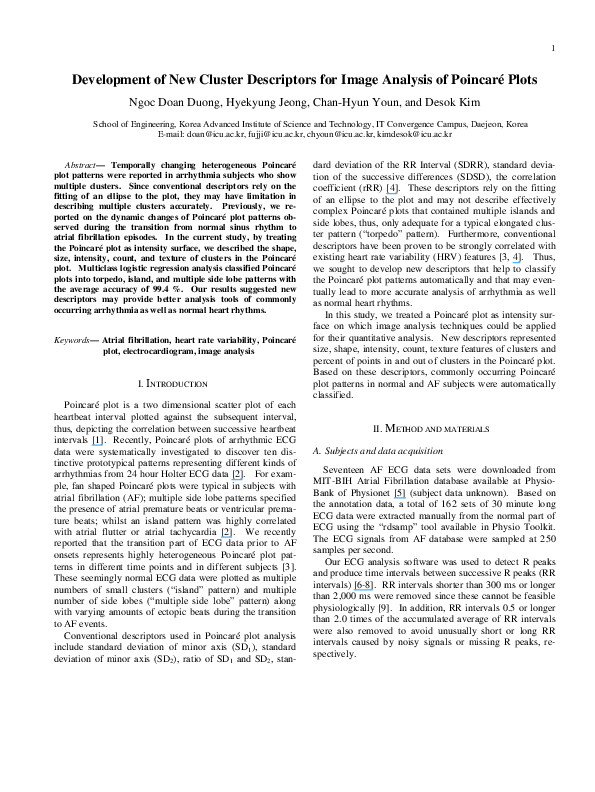 (PDF) Development of New Cluster Descriptors for Image Analysis of Poincaré Plots