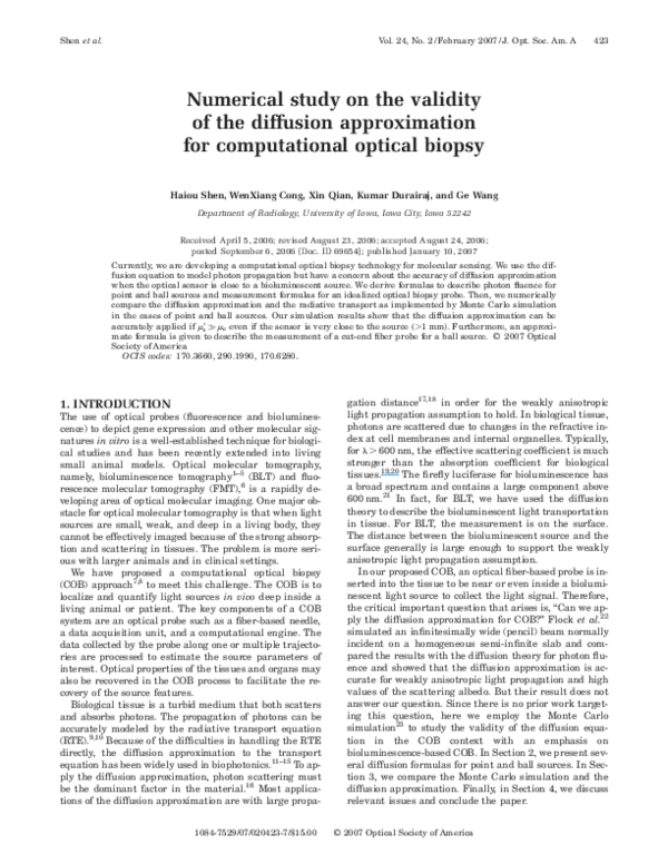(PDF) Numerical study on the validity of the diffusion approximation for computational optical ...