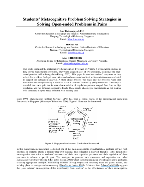 (PDF) Students' Metacognitive Problem Solving Strategies in Solving Open-ended Problems in Pairs