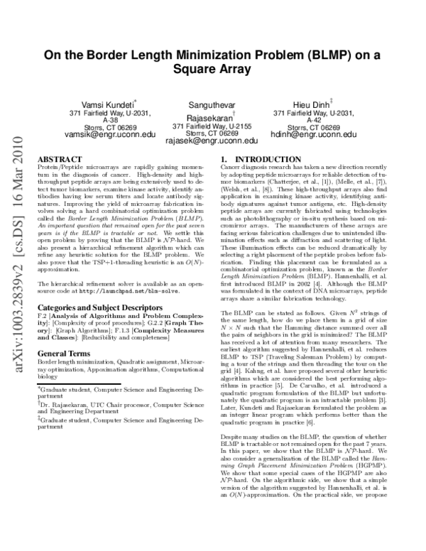 Pdf On The Border Length Minimization Problem Blmp On A Square Array 