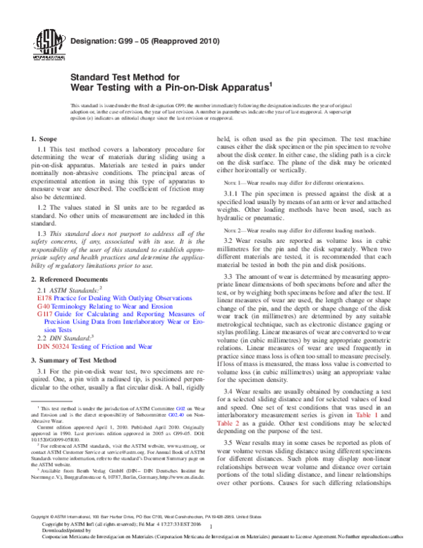 (PDF) Standard Test Method for Wear Testing with a Pin-on-Disk Apparatus 1