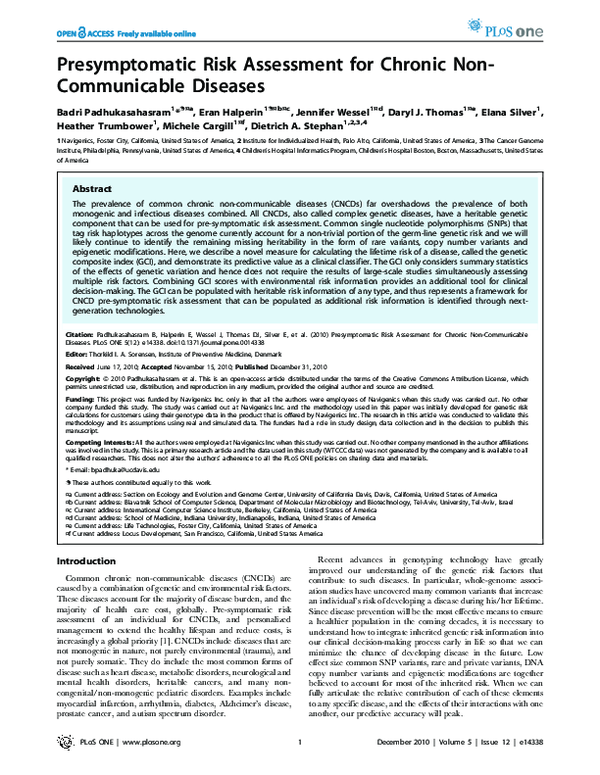 (PDF) Presymptomatic risk assessment for chronic non-communicable diseases