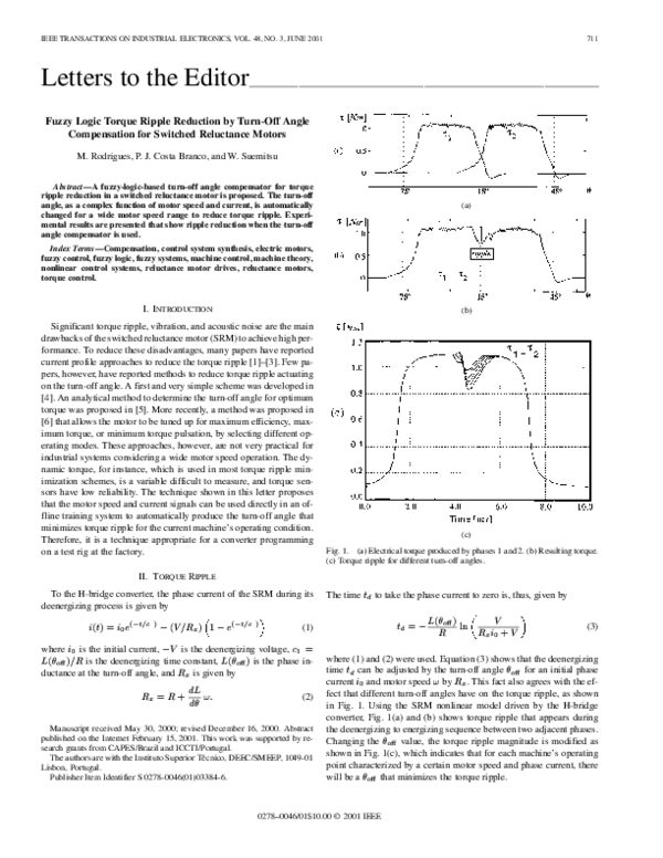 Pdf Fuzzy Logic Torque Ripple Reduction By Turn Off Angle Compensation For Switched Reluctance