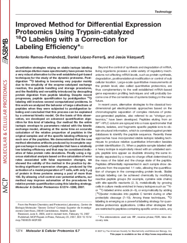 (PDF) Improved Method for Differential Expression Proteomics Using Trypsin-catalyzed 18O ...