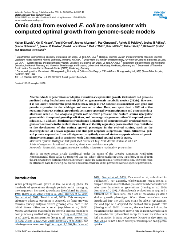 (PDF) Omic data from evolved E. coli are consistent with computed ...