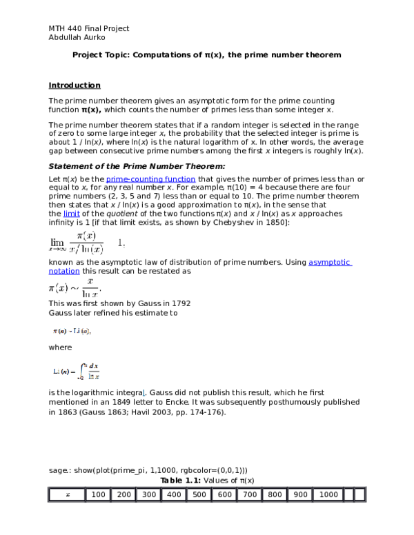 Doc Computations Of πx The Prime Number Theorem