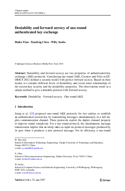 (PDF) Deniability and forward secrecy of one-round authenticated key exchange