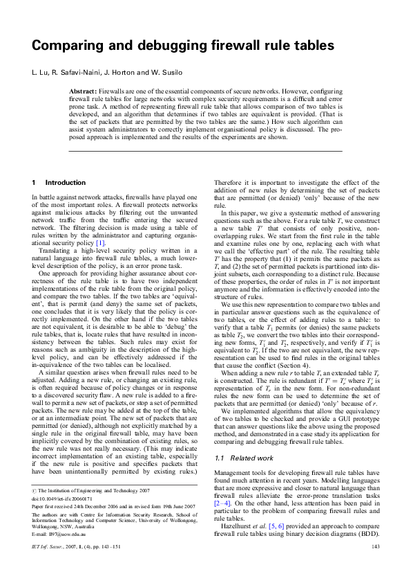 (PDF) Comparing and debugging firewall rule tables