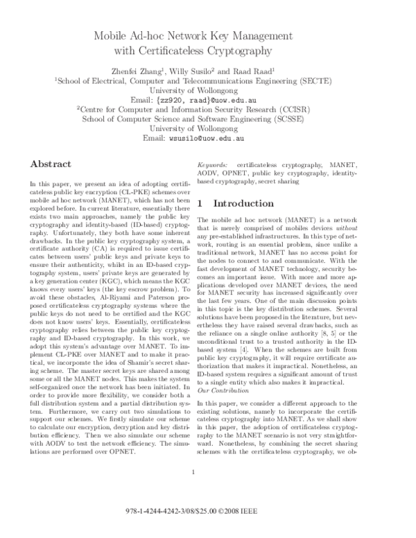 (PDF) Mobile ad-hoc network key management with certificateless cryptography