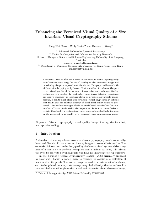 Pdf Enhancing The Perceived Visual Quality Of A Size Invariant Visual Cryptography Scheme