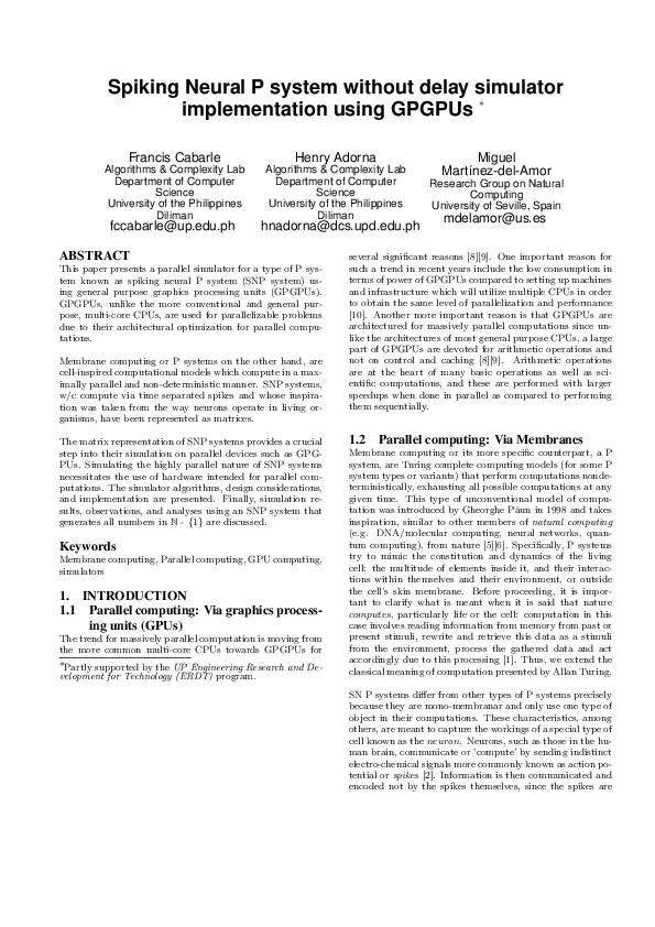 (PDF) Spiking Neural P system without delay simulator implementation using GPGPUs