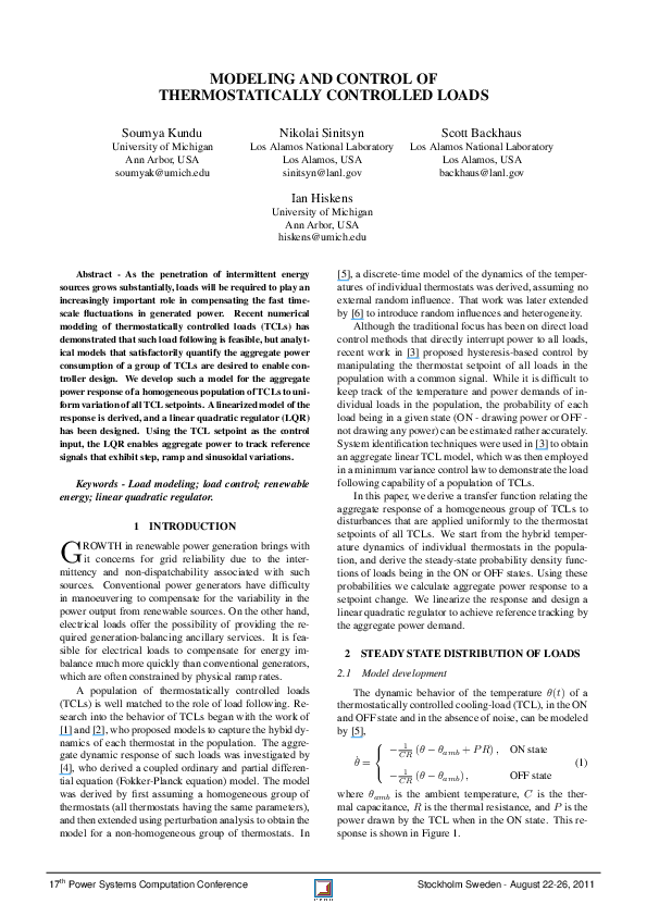 (PDF) Modeling and control of thermostatically controlled loads | Ian ...