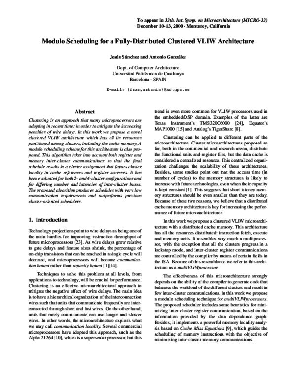 (PDF) Modulo scheduling for a fully-distributed clustered VLIW architecture