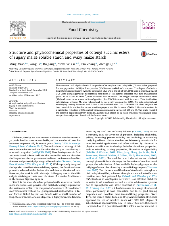 (PDF) Structure and physicochemical properties of octenyl succinic esters of sugary maize ...