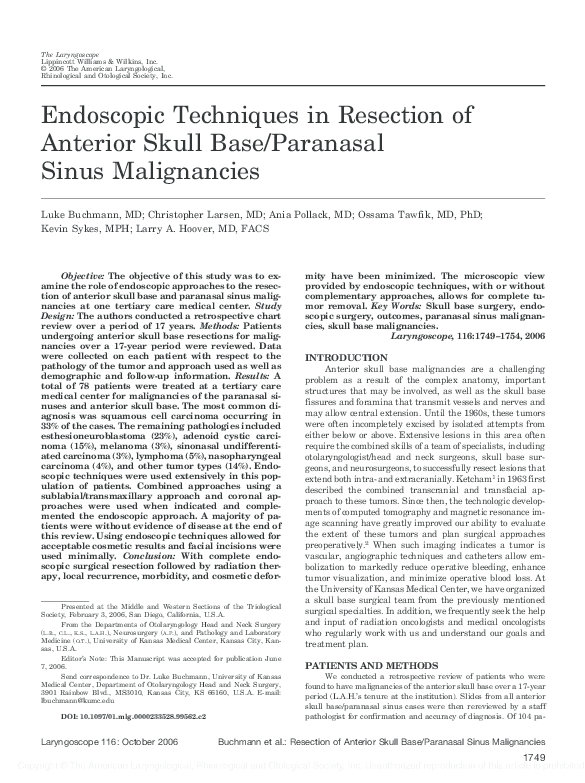 (PDF) Endoscopic Techniques in Resection of Anterior Skull Base/Paranasal Sinus Malignancies