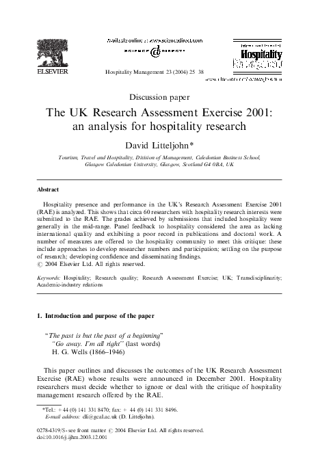 (PDF) The UK Research Assessment Exercise 2001: an analysis for ...